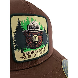 PNW Apparel Smokey The Bear Keep it Green Snapback Trucker Hat with Smokey The Bear Woven Patch (Brown/Tan)