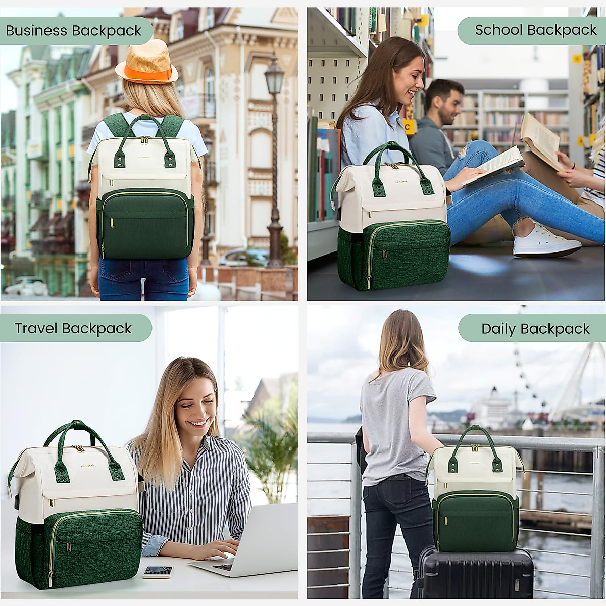 LOVEVOOK Laptop Backpack Purse for Women, Fashion Work Travel Bags, Business Computer Backpacks, Doctor Nurse Backpack with USB Port, fits 15.6-Inch Laptop, Beige-Dark Green