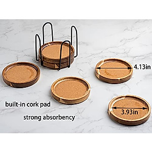Wood Coasters for Drinks Absorbent with Holder, Acacia Wood Cork Coaster Rustic Coasters for Coffee Table Wooden Table Coasters for Farmhouse Desk, Set of 6