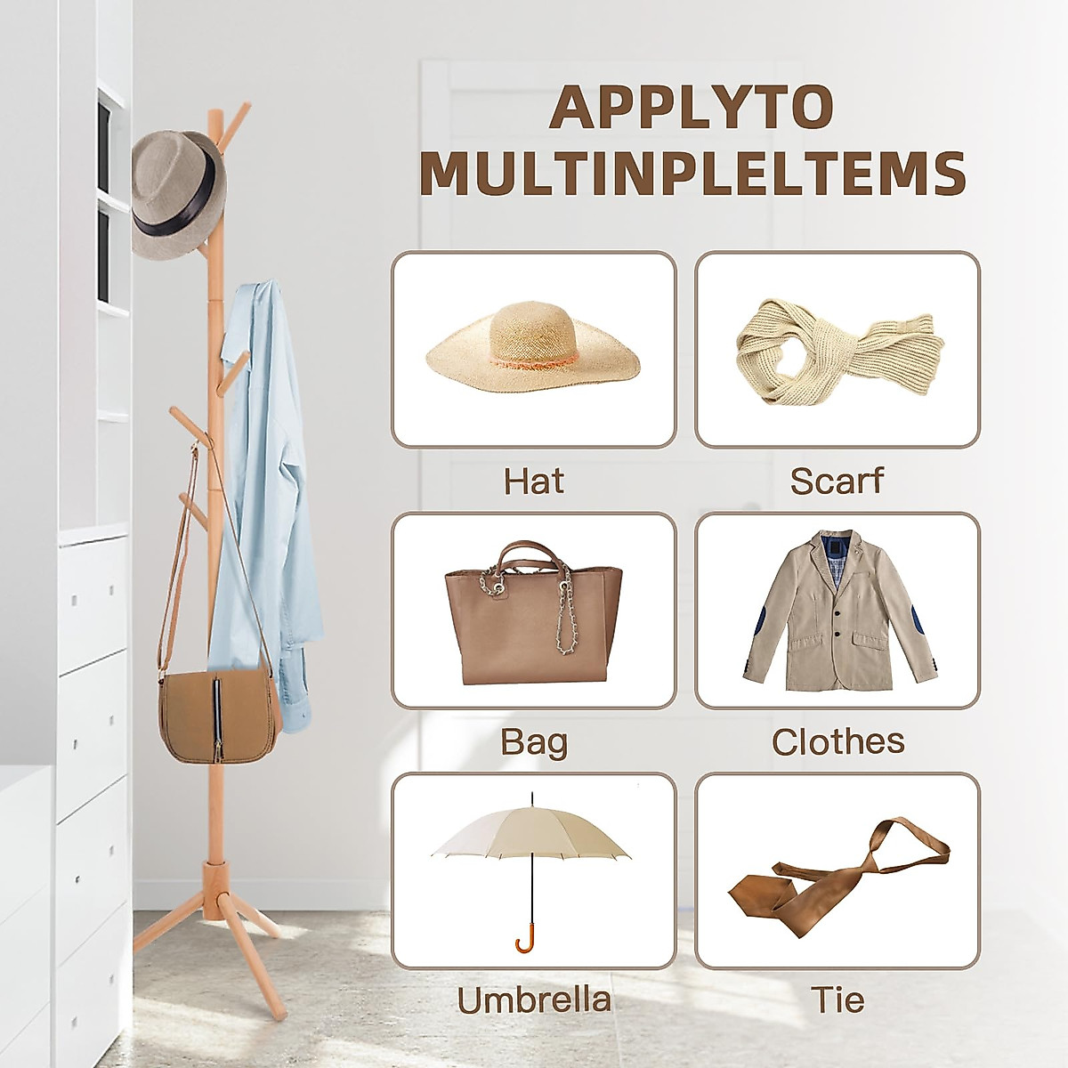 OOOK Solid Wooden Coat Rack Freestanding, Standing Coat Rack with 8 Hooks, 3 Height Options, Suitable for Kids and Adult, Coat Racks Free Standing for Bedroom Office Entrance Log Color