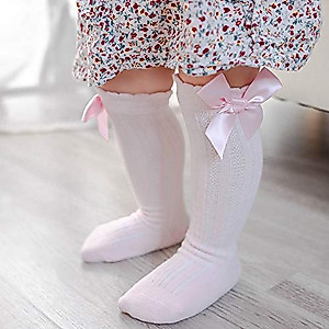Sarfel Toddler Girl Knee High Socks Baby Non-Slip Socks Infant Long Tube Ruffled Stockings Gifts 5 Pairs Bow 12-36 Months