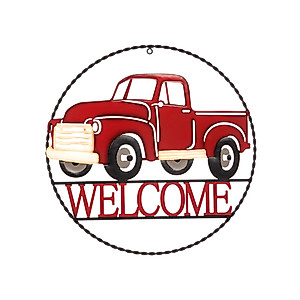 Glitzhome 23.75" L Welcome Metal Rustic Red Truck Wall Decor, Welcome Hanging Sign Decoration for Home Outdoor Indoor