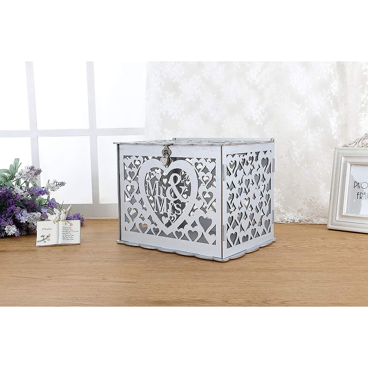 Artmag Wedding Money Box Holder with Sign, Large Rustic Wood Wooden DIY Envelop Gift Card Boxes with Lock Slot for Reception Anniversary Graduation Birthday Parties Baby Shower (Mr & Mrs, Silver)