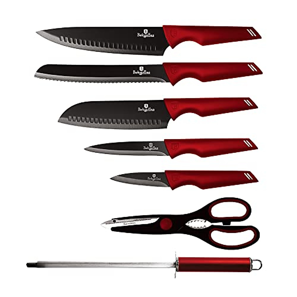 Berlinger Haus Kitchen Knife Set with Block, 8 Piece Knives Set for Kitchen, Cooking Knives with Kitchen Shears and Sharpener, Sharp Cutting Stainless Steel Chef Knife Set with Acrylic Stand, Red