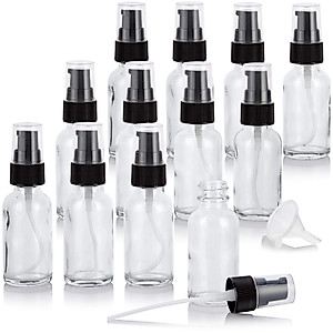 JUVITUS 1 oz / 30 ml Clear Glass Boston Round Bottle with Black Treatment Pump + Funnel (12 Pack)
