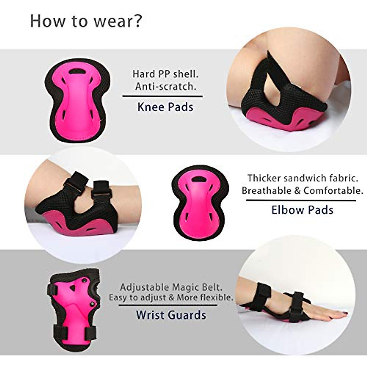 Spoligod Knee Pads for Kids/Youth, Kids Protective Gear Set with Adjustable Elbow Pads/Wrist Guards Suitable for Girls & Boys’ Rollerblading Skateboard Cycling Skating Bike Scooter (Pink, M)…