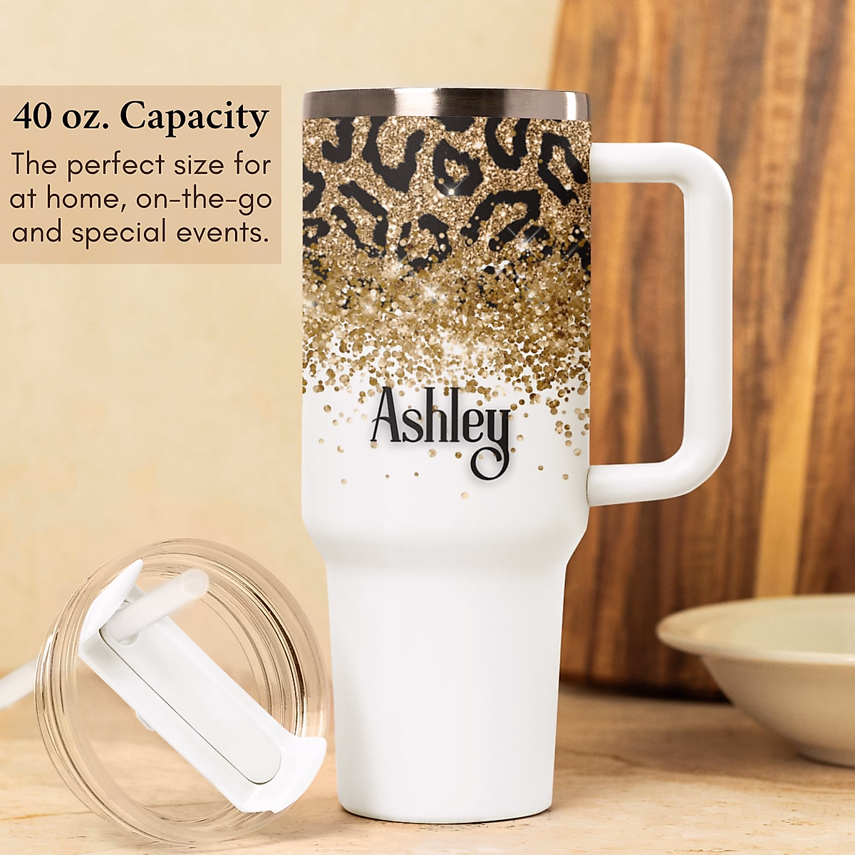 Personalized 40 oz Tumbler With Handle And Straw Lid Cheetah Print Glitter - Leopard Print Stainless Steel Insulated Travel Mug – Tumbler Gift For Women Mom Friend Teacher Nurse Her Birthday Christmas