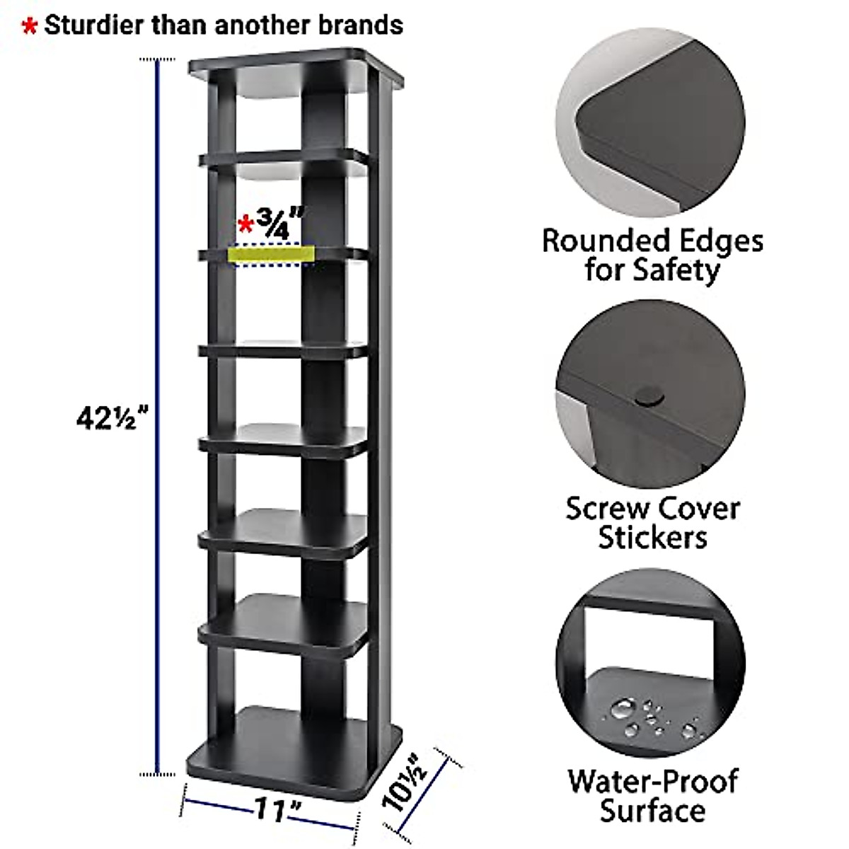 Modeazy 7 Tiers Multi Function Wooden Shoe Rack, Vertical Shoe Rack for Entryway, Shoes Storage Stand, Modern Shoe Rack Organizer, Home Storage Shelf Organizer (Black, Single 11”Wx10.5”Dx42.5”H)