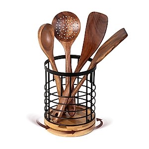 JSVER Utensil Holder Kitchen Utensil Holder, Round Utensil Holder for Kitchen Counter, Cooking Utensil Holder With Wooden Base Matte Black, 360° Rotating Kitchen Utensils Holder