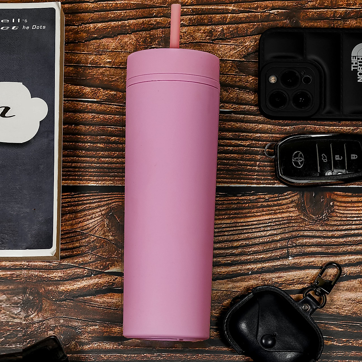 Ezhydrate SKINNY TUMBLERS (1 Pack)- LIGHT PINK- Matte Pastel Colored Acrylic Single Tumbler with Lid and Straw | 16oz Double Wall Reusable Plastic Tumbler w Straw Cleaner INCLUDED