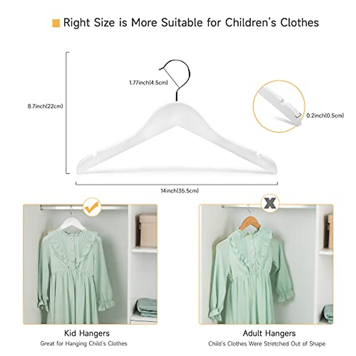 Nature Smile 20 Pack 14 Inches Juniors Preteen Older Children Wooden Clothes Hangers Wood Dress Shirt Hanger Coat Jacket Hangers with Notches and 360° Swivel Anti-Rust Chrome Hook (White)