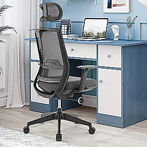 Home Office Desk Chair Ergonomic High Back Office Chair Mesh Office Chair Reclining Computer Chair Swivel Rolling Task Chair with Wheets, Coat Hanger and Adjustable Headrest Armrest, Grey