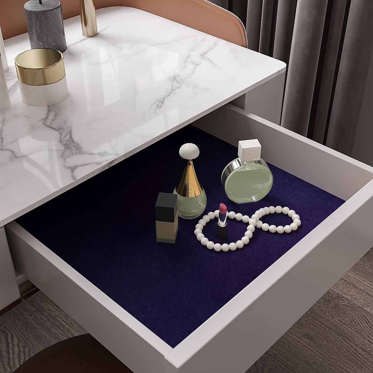 CHIHUT Self Adhesive Velvet Drawer Liner Roll Dark Blue Felt Fabric Velvet Flocking Liner for Jewelry Soft Velvet Wallpaper Peel and Stick Velvet Liner for Box Liner Craft Cabinets Shelf 17.7''x100''