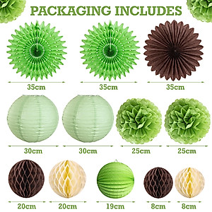 12Pcs Green and Brown Party Decorations Paper Tissue Pom Poms Honeycomb Balls Paper Fans Hanging Deco Green Lanterns for Jungle Safari Summer Birthday Wedding Party