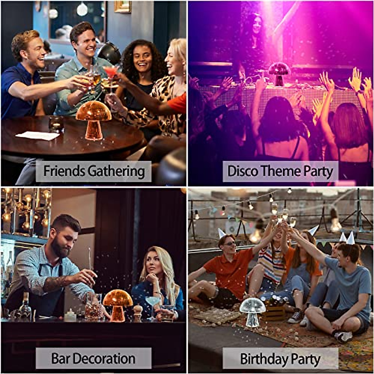 Mushroom Disco Ball, Silver & Rose Gold Mirror Glitte, Reflective Lights for Party, Room, Table Decor, Art Decorations, 2 Pack (6 X 6.3 in)