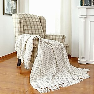 Decorative Woven Ash Blonde White Plaid Throw Blanket, Soft Beige Cross Knitted Chenille Blanket with Tassels for Farmhouse Boho Décor, 50" x 60"
