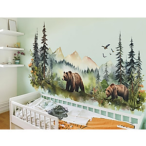 RAINBOW WSK Large Jungle Animals Wall Decals Forest Tree Wall Decal Peel and Stick Woodland Bear Fox Deer Wall Stickers Giant Mountain Wall Art for Bedroom Nursery Room FX-C432