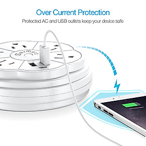 Retractable Power Strip, 5 Outlet Flat Plug Strip with Smart USB Ports and Type-C Port, 900J Surge Protector, 125V/13A, 3.3ft Retractable Extension Cord, Portable & Neat for Travel/Home/Office, White