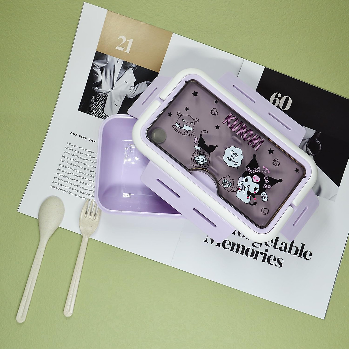 Holymid Kawaii Kumi Lunch Box, 1100 ML, Stackable Bento Container, 2 Compartments, Leakproof, BPA Free, Includes Utensils, Work Lunch Box