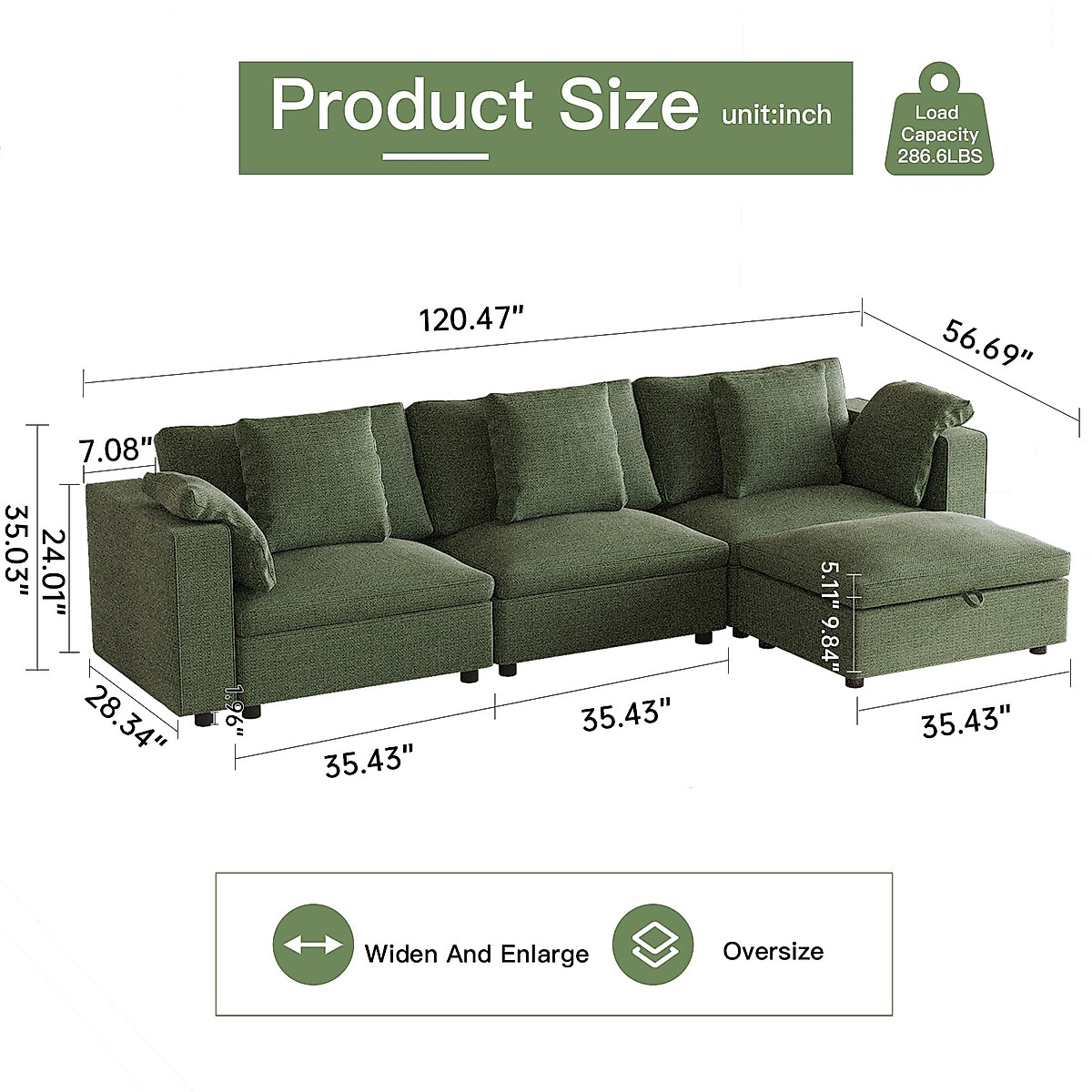 Guyii Sectional Sofa Couch, Modern Luxury Oversized 4-Seater Green Sofa with Storage Ottoman, Convertible Sofa with Back Cushions, L-Shaped Sofa for Living Room, Apartment, Home