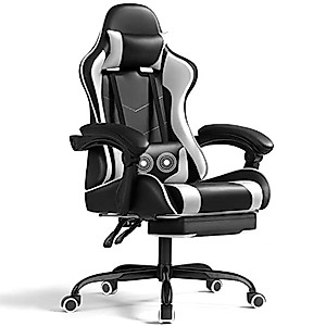 Shahoo Gaming Chair with Footrest and Massage Lumbar Support, Video Game Chairs 360°Swivel and Height Adjustable Seat with Headrest for Office or Bedroom, Study Room, White