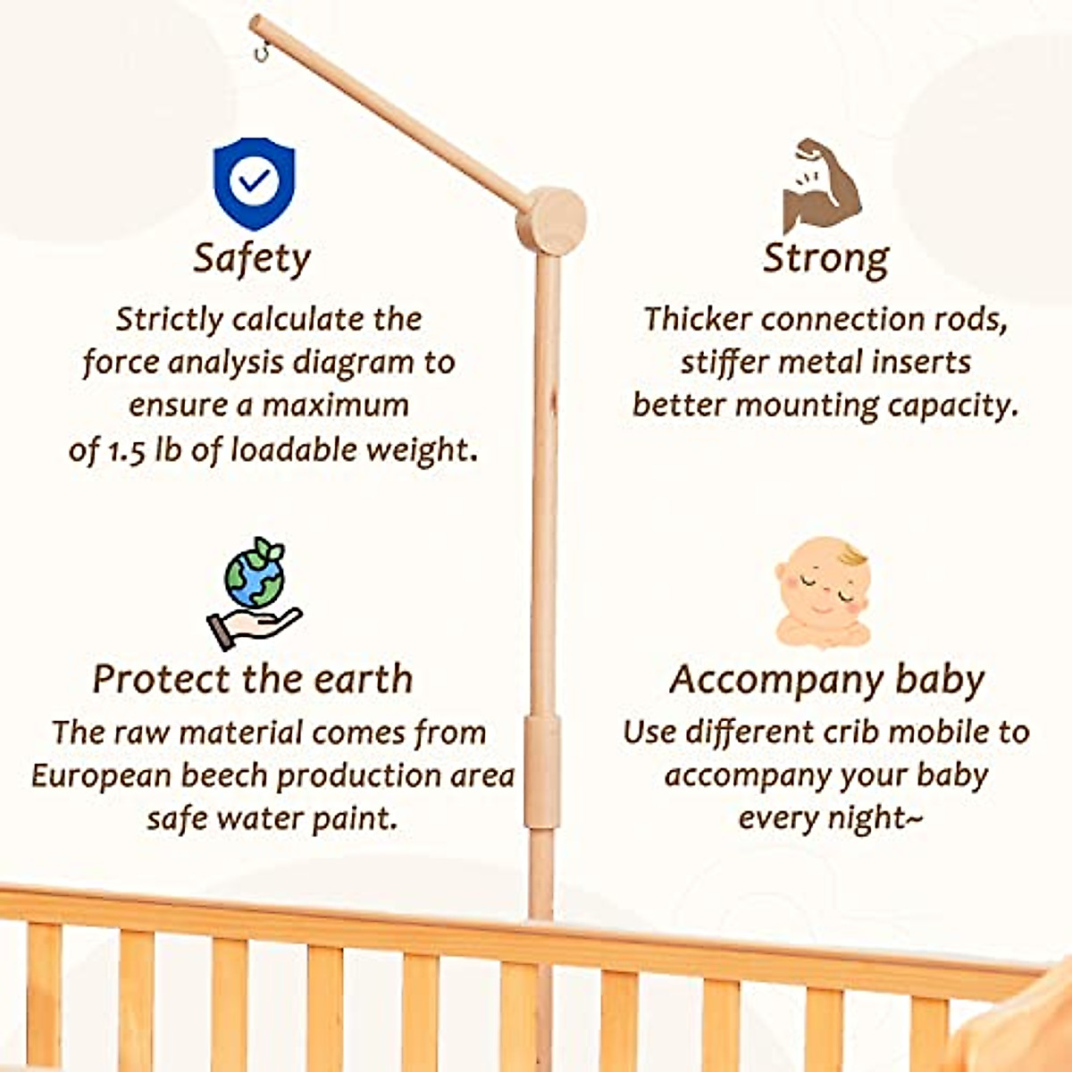 Lanttoe Wooden Floor-Standing Crib Mobile Arm 61 Inches for Baby Nursery-Movable Baby Mobile Hanger with Strong Anti-Dumping Attachment-100% Natural Beech Wood-Thicker Wooden Pole-Nursery Decor