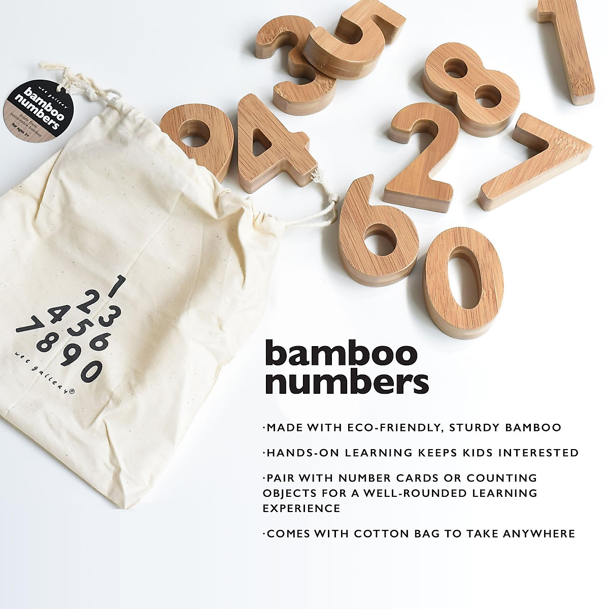 Wee Gallery Bamboo Numbers Set - Number Learning for Baby, Toddler, Preschool Age Kids - Interactive Wooden Numbers to Stimulate Early Development Through Educational Toys