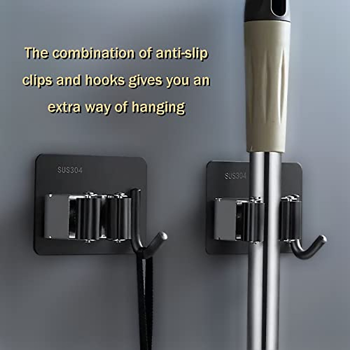 CELBERENA 5 Pack Mop Broom Holder No Drill SUS304 Stainless Steel, Self Adhesive Mop Broom Organizer Wall Mounted Heavy Duty with Hooks Storage Hanger for Bathroom, Kitchen, Office, Black