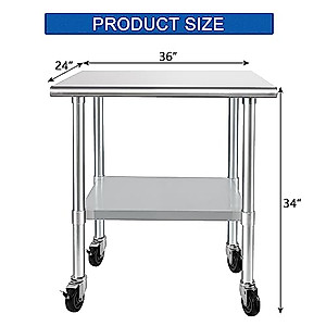 HARDURA Stainless Steel Table with Wheels 24 x 36 Inches Casters NSF Heavy Duty Commercial Work & Prep Table with Undershelf and Galvanized Legs for Restaurant Kitchen Bar and Hotel Garage