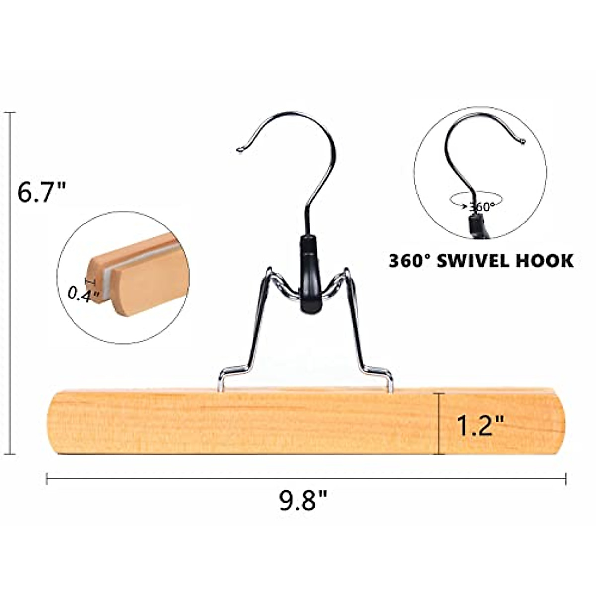 Amber Home Natural Wooden Pants Hangers 24 Pack, Wood Clamp Hangers with Non Slip Padded Velvet, Jeans/Slacks Hangers Hair Extension Hangers for Skirts, Trousers, Wigs (Natural, 24)