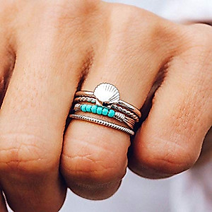 Pura Vida Silver Shell Ring Stack - Brass Base Band, Rhodium Plating - Size 8