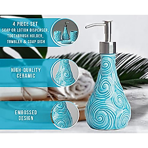 Designer - 4 Piece Bathroom Accessories Set - with Soap or Lotion Dispenser, Toothbrush Holder, Tumbler and Soap Dish - Glossy Finish - Porcelain (Ocean Waves, Aqua Blue) Holds 15.6oz