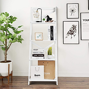 Tangkula 4-Tier Ladder Shelf Bookcase Leaning Free Standing Wooden Frame Decor Bookshelf Storage Flower Shelf Plant Display Shelf for Home Office (White, 1)