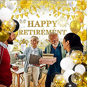Gold and White Retirement Party Decorations for Men Women Extra Large White Gold Happy Retirement Banner Photo Booth Backdrop Background for Retirement Farewell Party Supplies