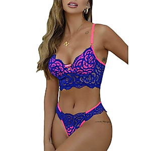Kaei&Shi Sexy Bra And Panty Sets,Underwire Floral Lace Lingerie For Women, Sheer Scalloped Neon Matching Two Piece Lingerie Set Petite Boudoir Blue Small