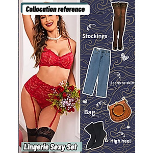 Avidlove Women Lingerie Set High Waisted Underwire Lingerie with Garter Belt Lace Babydoll Pure (Red,Large)