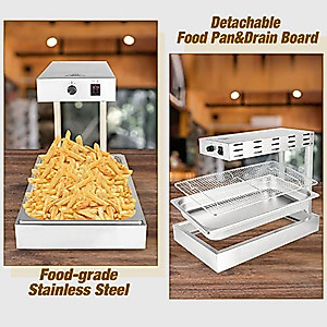Restlrious French Fry Warmer Commercial Heat Lamp Food Warmer, Free Standing Electric Infrared Heating Dump Station, 500W Stainless Steel Food Warming Light w/Drain Board Drip Pan for Fries 4” Deep