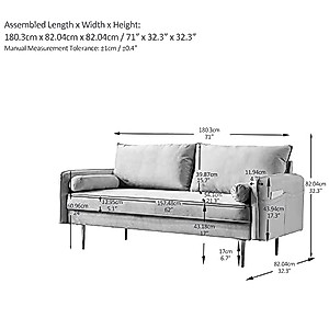 COULDWILL Velvet Small Sofa Mid-Century Modern Loveseat Couch with 2 Waist Pillows and Pockets, 71'' Comfy Sofa for Living Room and Studio, Blue