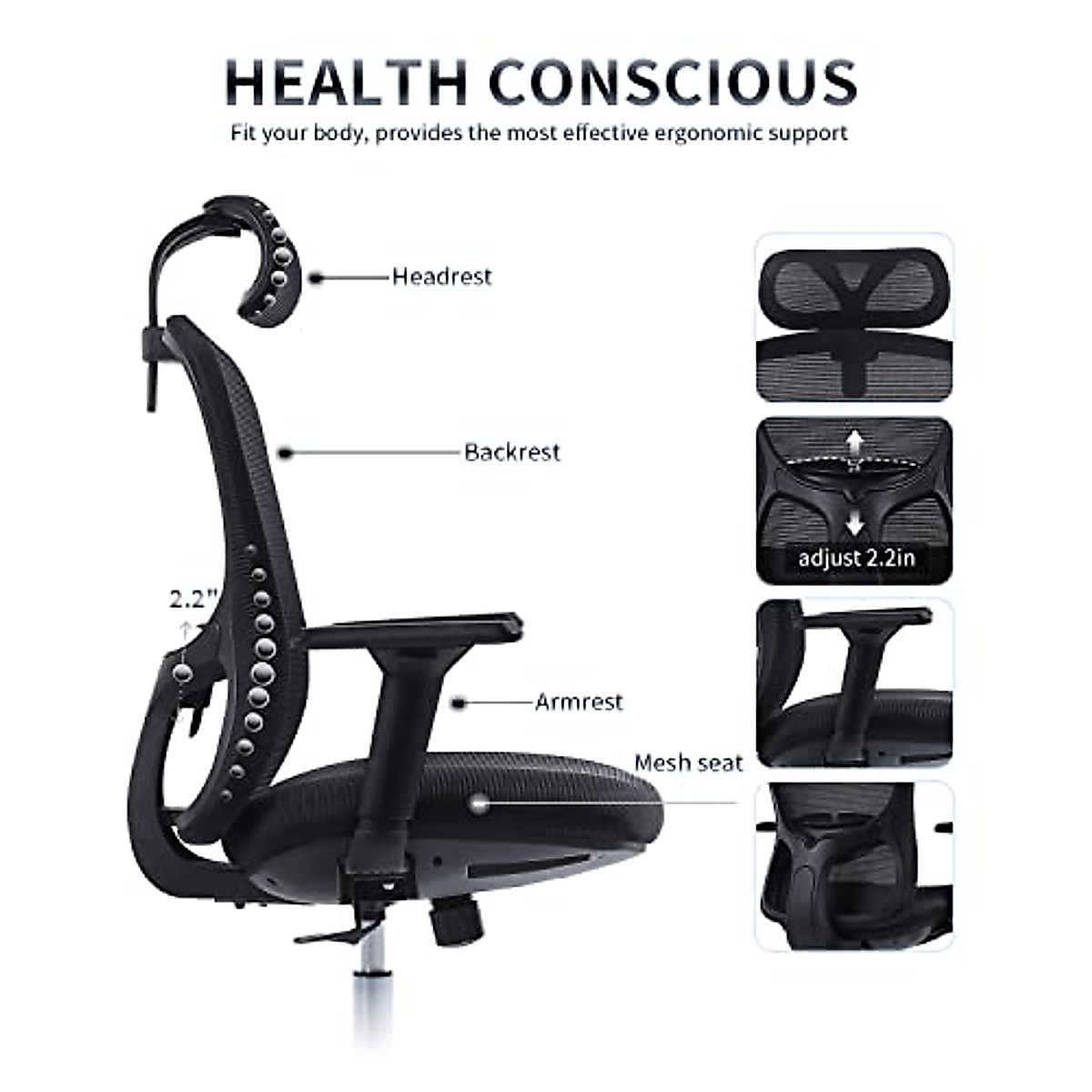 KARXAS Ergonomic Office Chair High Back Desk Chair with Adjustable Lumbar Support, Headrest & Armrest, Swivel Computer Task Chair (Black)