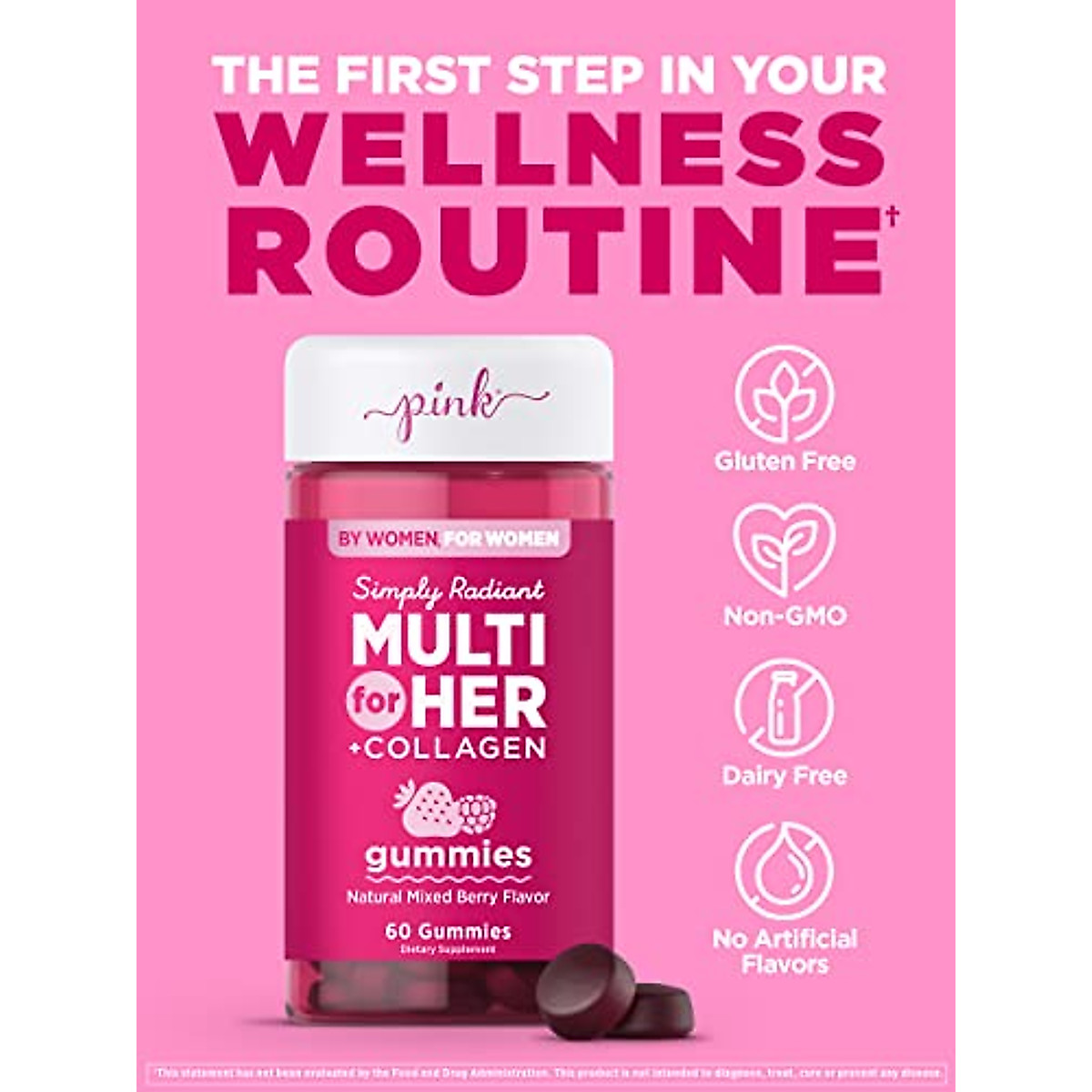 Multivitamin for Women | 60 Gummies | Non-GMO & Gluten Free | Plus Collagen & Biotin | Mixed Berry Flavor | by PINK