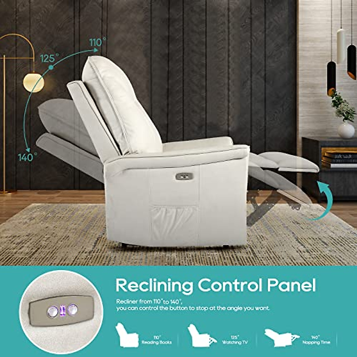 RIHEREFY Power Recliner Chair with Massage and Heat, Recliner Massage Chair with 2 Side Pockets, Electric Recliner Chairs with USB Charging Port, Technical Fabric