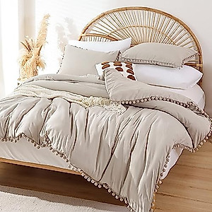 YIRDDEO Oatmeal California King Ball Pom Fringe Design Comforter Set 3pcs, Boho Aesthetic Luxurious Cal King Bedding Set, Vintage Ultra Soft Microfiber Comforter Set (1 Comforter, 2 Pillowcases)