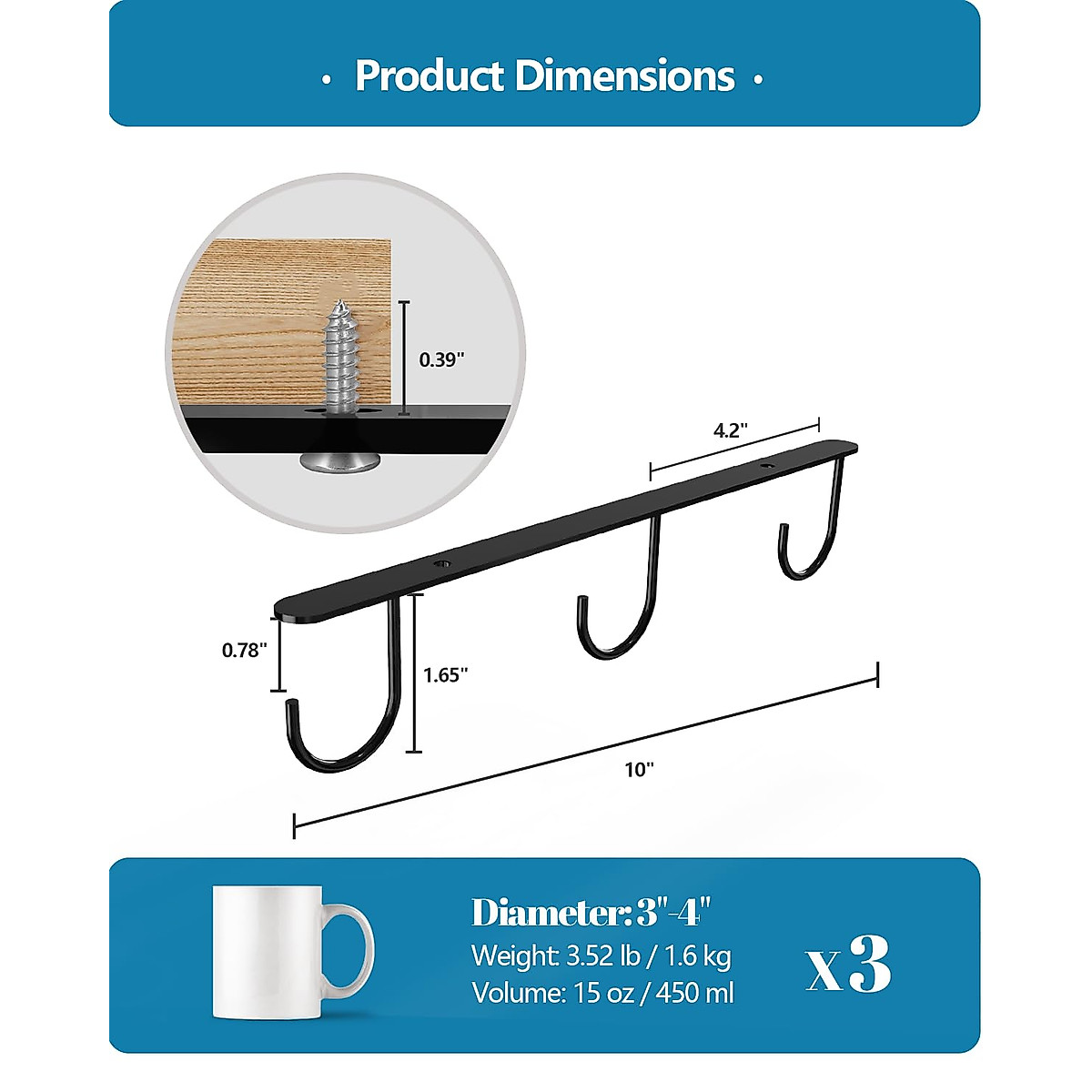 Luckinow 3 Pack Mug Hooks Under Cabinet, Coffee Mug Holder for Hanging Under Shelf, Coffee Cup with 9 Hooks for Displaying Mugs, Coffee Cups and Kitchen Utensils, Black