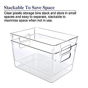 Clear Plastic Storage Bins Pantry Organizer Bins for Kitchen Refrigerator Fridge Cabinet Freezer Bathrooms Acrylic Organizers Storage Bins, Clear Bins with Cutout Handles(4 Pack)