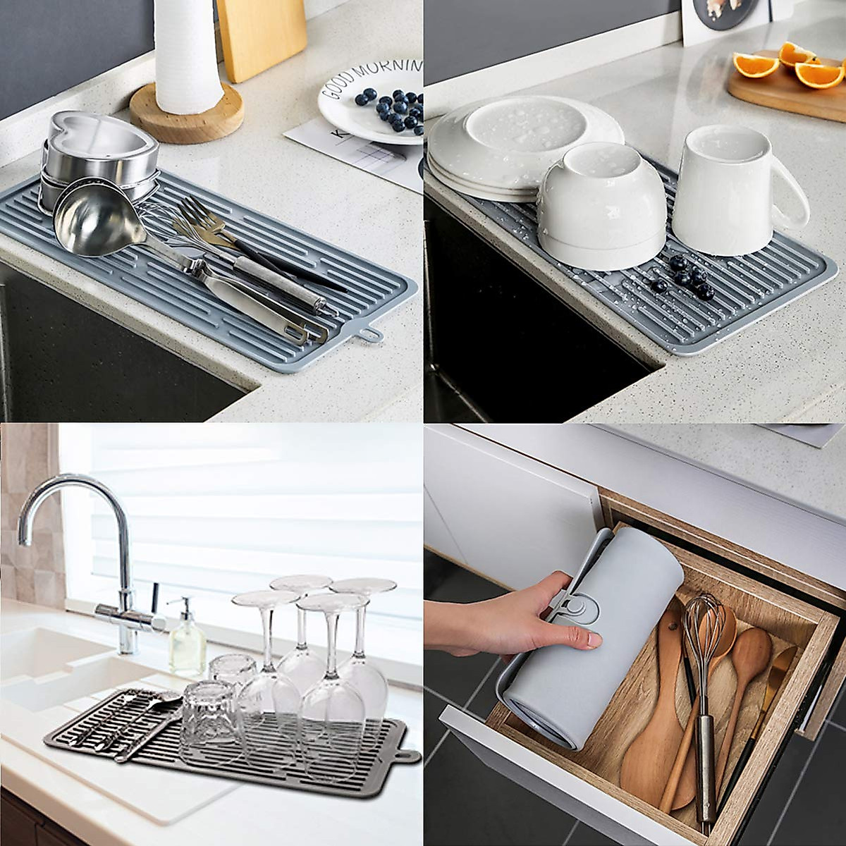 Dish Mat Silicone Dish Drying Mats Works For Drying Stemware Cocktail Glasses Silverware Pots Pans Knives and Dish Rack for Kitchen Counter Sink Bar Pads Easy to Clean 17.3"*7.9"*0.2" (Gray)