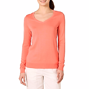 Amazon Essentials Women's Classic-Fit Lightweight Long-Sleeve V-Neck Sweater (Available in Plus Size), Coral Pink, Large