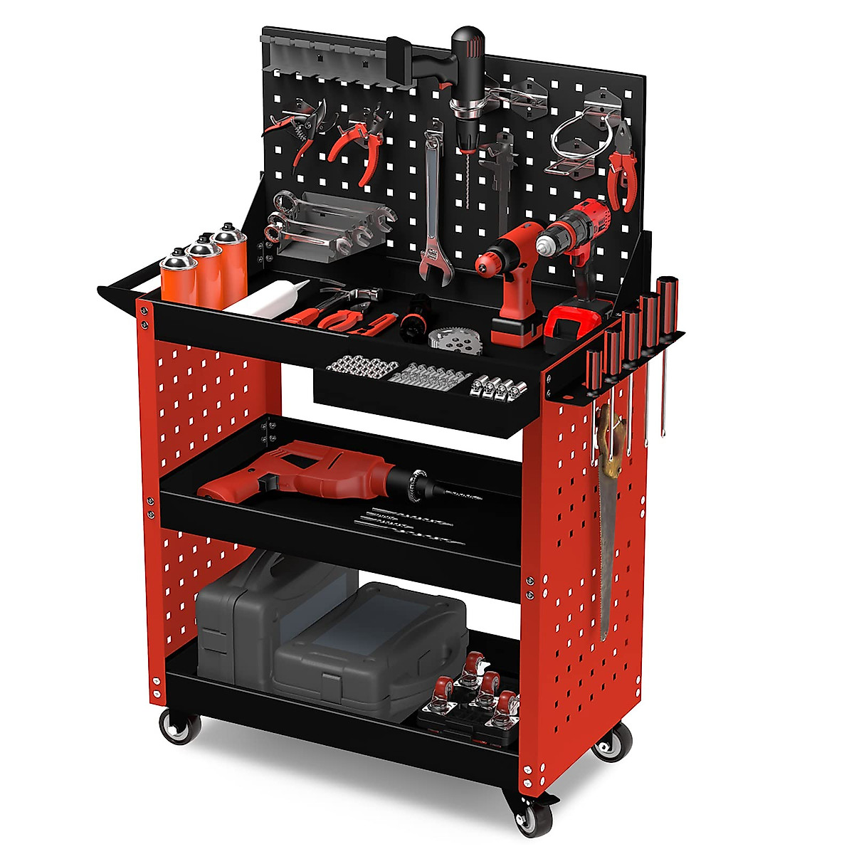 ZFULVO 3-Tier Rolling Tool Cart with Lockable Swivel Wheels, Tool Board, and Multi-Purpose Hooks - Supports up to 600 lbs - Ideal for Mechanics, Garages, Warehouses and Repair Shops.