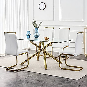 71inch Glass Dining Table for 6, Rectangle Kitchen Table with Golden Legs, Marble Texture Top Dining Table for 8, Dinner Dining Room Table for Home Kitchen Meeting Banquet