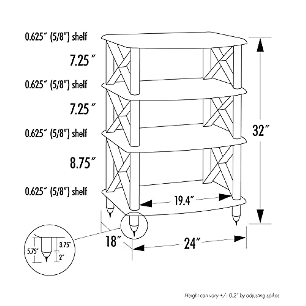 Pangea Audio Vulcan Rack and Casters Bundle Carbon Fiber Vinyl X-Brace Four Shelf Audio Rack Media Stand Components Cabinet and Casters Set of 4