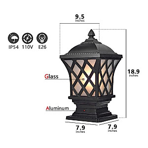 Moddeny IP54 Waterproof Outdoor Column Lights, Exterior Glass Aluminum Fence Pillar Light 18.9" Traditional Black E26 Post Lanterns Patio Villa Garden Park Balcony Gate Street Lighting